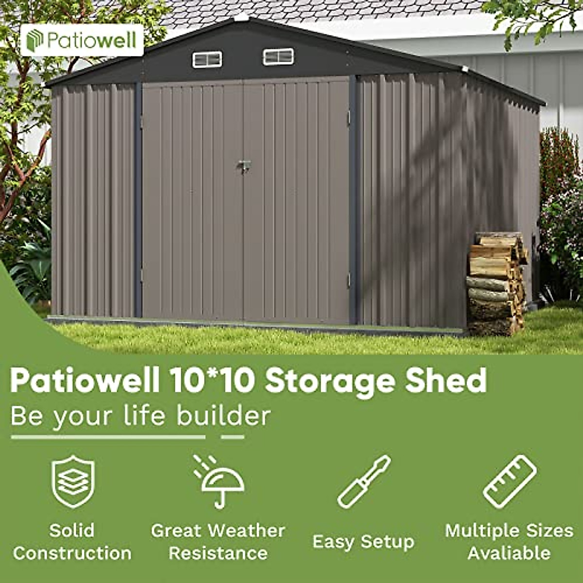 Patiowell 10 x 10 FT Outdoor Storage Shed, Steel Yard Shed with Design of Lockable Doors, Utility and Tool Storage for Garden, Backyard, Patio, Outside use,Brown