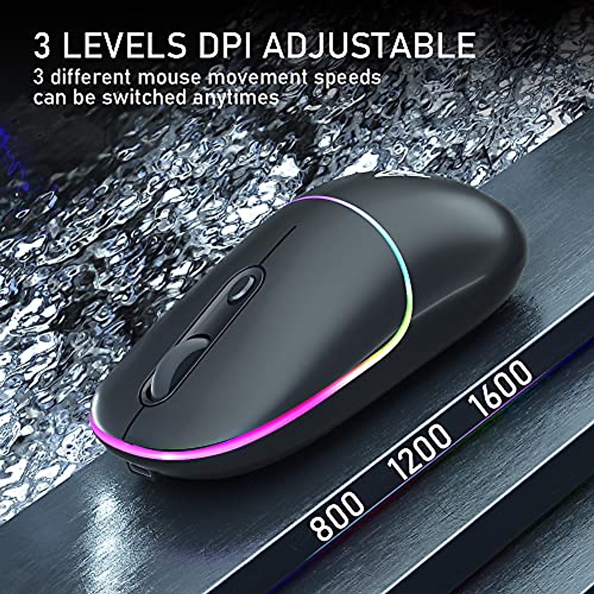 SOLAKAKA RGB 2.4GHz Wireless Mouse, Slim Portable Cordless Silent Laptop Office Mouse, Rechargeable USB PC Computer Mice, Black