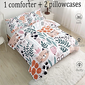 CVHOUSE Cat Bedding,Cartoon Cat Comforter Queen,Animals Print Comforter Set for Kids,Kawaii Quilt Set with 1 Comforter and 2 Pillow Cases