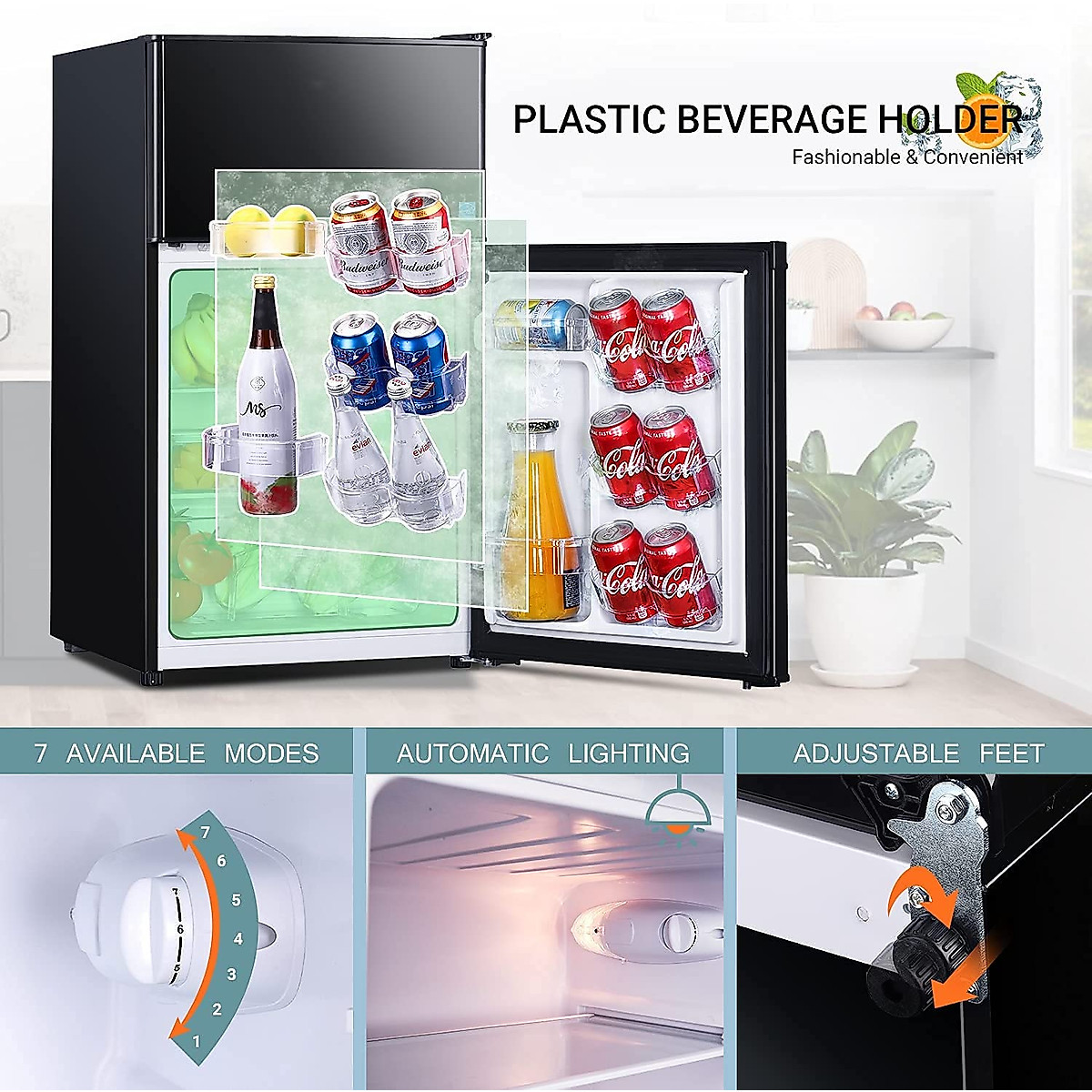 Mini Fridge with Freezer, 3.1 Cu.Ft Refrigerator 2 Doors, Unique Shelf Design, with LED Light, Adjustable Control Thermostat, Small Refrigerator for Bedroom, Office, Dorm, Garage, Black - ‎HPBFR310