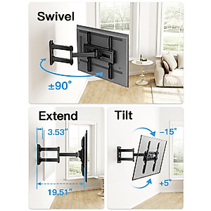 Pipishell Full Motion TV Wall Mount for Most 26-60 inch Flat & Curved TVs up to 77 lbs, Single Articulating Arm, Adjustable Bracket Height, Extension, Max VESA 400x400mm, PIMF9