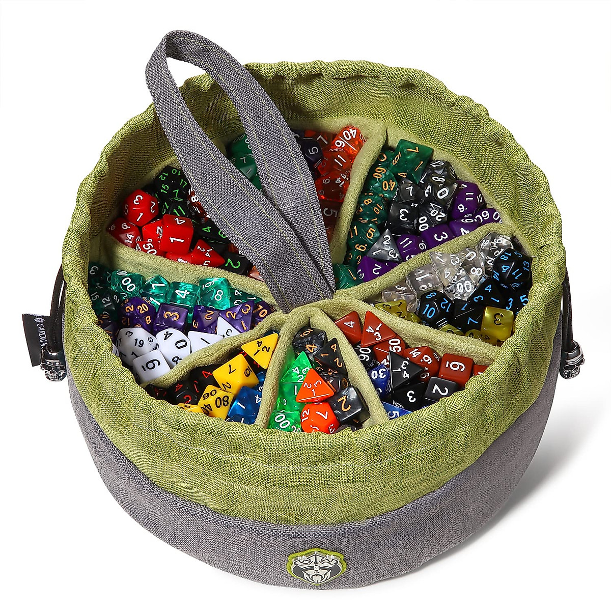 CardKingPro Monstrous - Dice Bag with 8 Pockets - Gray/Green - Huge Capacity 500+ Dice - Great for Dice Hoarders