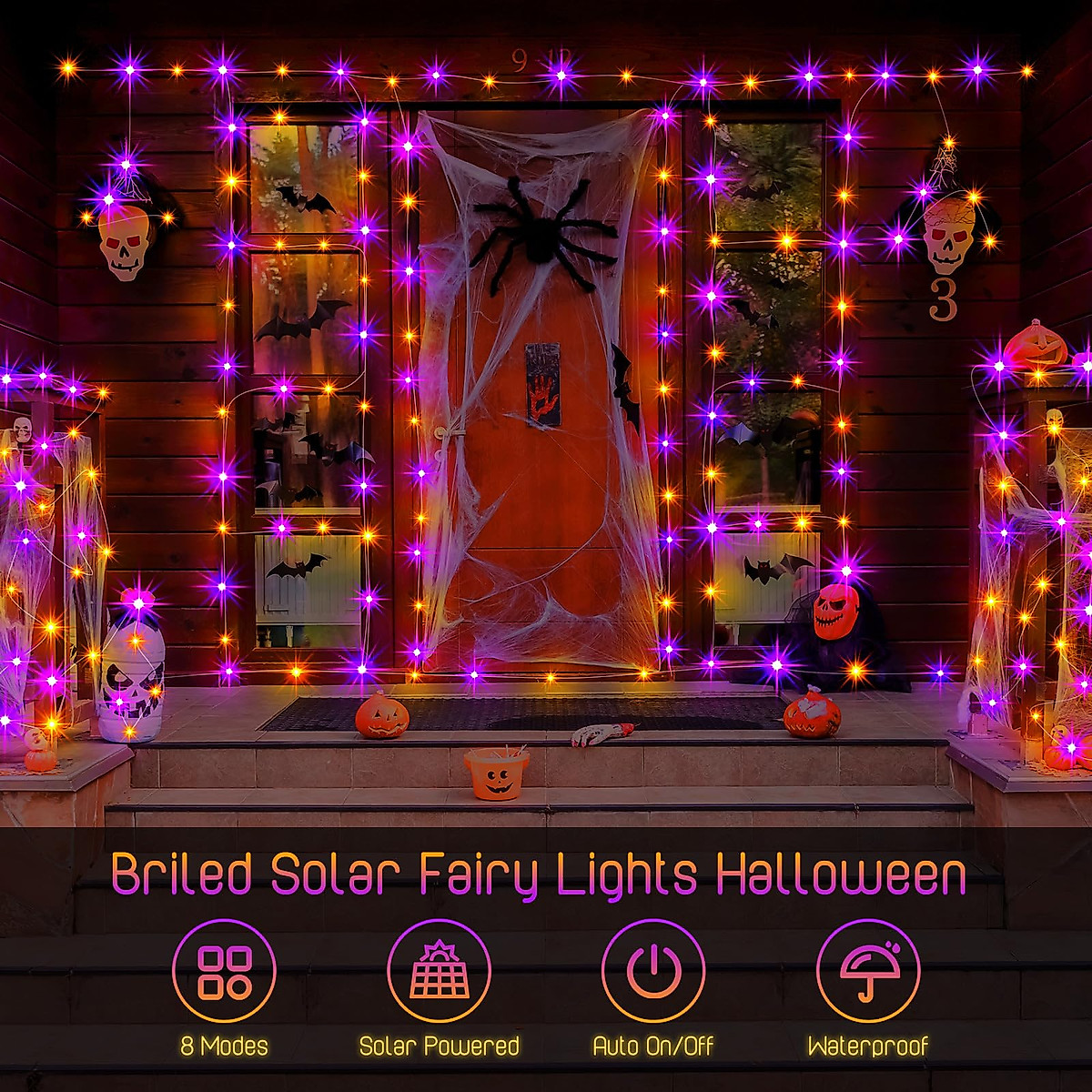 Retisee 8 Pieces Solar Orange and Purple Halloween Fairy Lights 39.37ft String Halloween Lights 120 Led 8 Modes Solar Twinkle Lights Outdoor Waterproof for DIY Balcony Patio Garden Outdoor Decorations