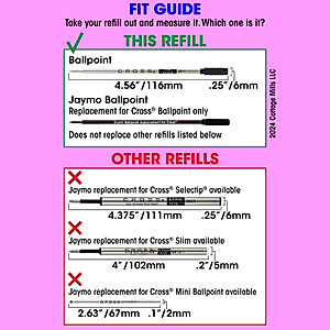 Jaymo Replacement for Cross 8513 - Measures 4.563 in / 116 mm Long - Ballpoint Pen Refill - 6 Black
