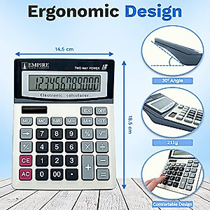 Empire Desk Calculator with Large Key Buttons, 12 Digits, Large Eye-Angled Display, Solar and Battery Powered for Home and Office (Battery Included)