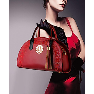 QZUnique Women's PU Embroidery Tassels Ethnic Style Handbag Bride Bag Crossbody Shoulder Bag Red