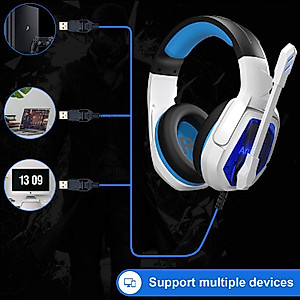 Anivia MH901 USB Gaming Headset for PC/MAC/PS4/PS5, 7.1 Surround Sound Wired Headphone with Adjustable Active Noise Cancelling Mic, White & Blue LED Light