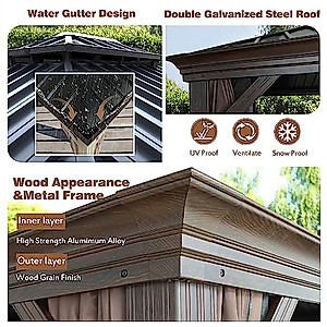 MUPATER 10' x 12' Gazebo, Wooden Finish Coated Aluminum Frame, with Double Galvanized Steel Hardtop Roof, Netting and Curtains for Garden, Patio, Lawn and Parties