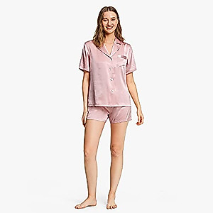 LilySilk Women's Silk Pajamas Short Sleeve Sleepwear Button Down 19 Momme 100% Mulberry Silk Two Piece Pajama Set Rosy Pink S