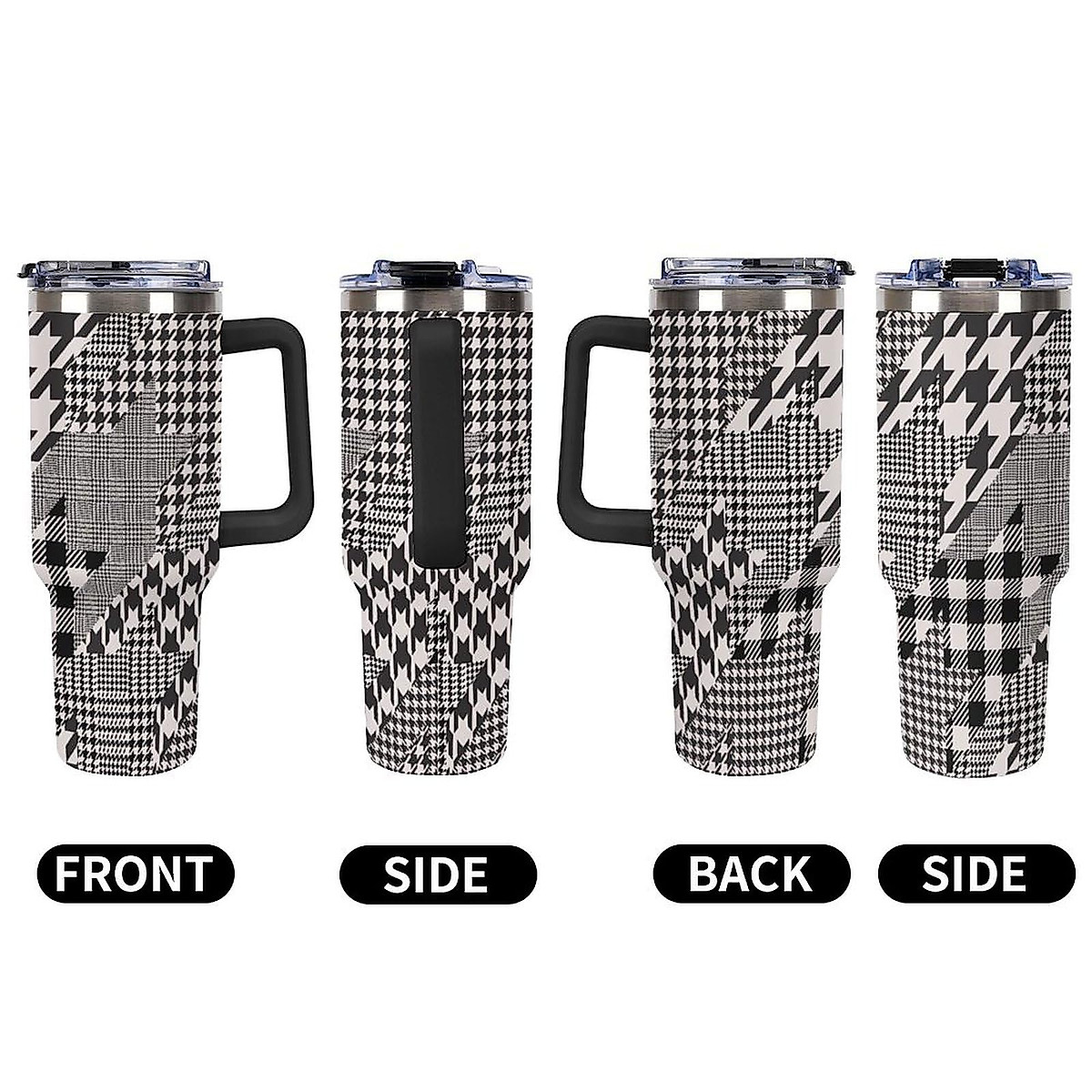 Niapessel Leak Proof Tumbler, Insulated Water Bottles with Straw, Houndstooth Black White Insulated Cup with Handle 40 Oz Stainless Steel Flask for School, Travel, Car, Sports, Work
