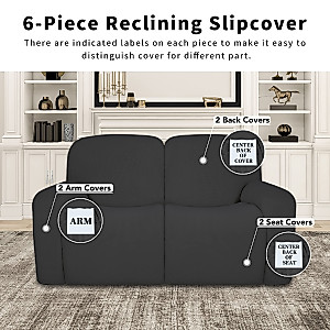 Easy-Going 100% Dual Waterproof Recliner Loveseat Cover, 6-Pieces Stretch Relining Sofa Cover with Pocket, Jacquard 2 Seat Sofa Slipcover Leakproof Washable (Loveseat, Dark Gray)