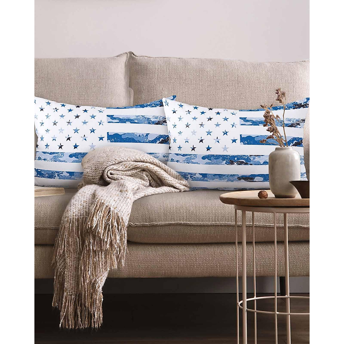 Pillow Cases Linen Pillow Shams Independence Day Camo American Flag Patriotic Pillow Cases Set of 2 12x20 Inches Pillowcases Rectangle Cushion Covers Flax Soft Linen Pillow Covers for Couch Sofa