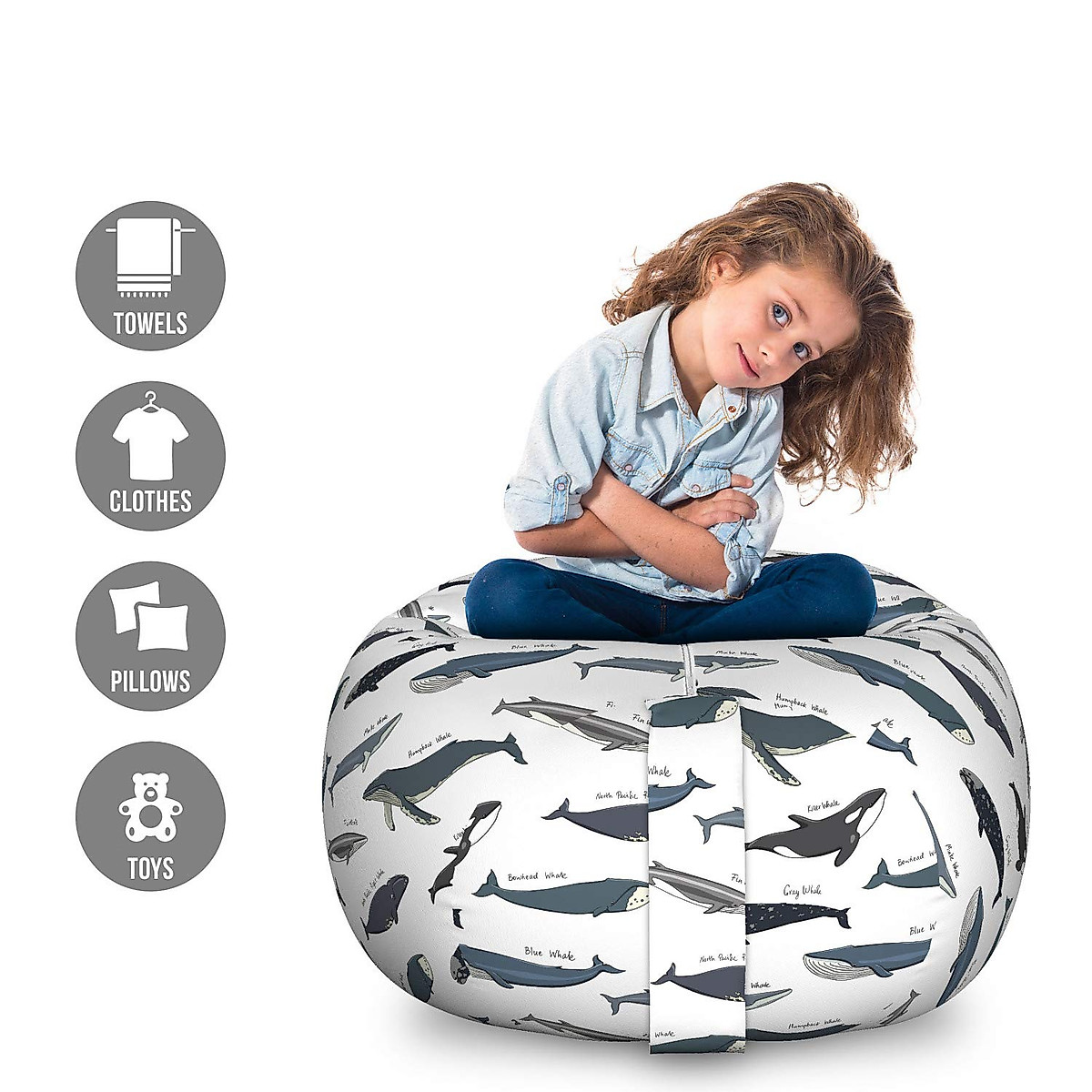 Ambesonne Whales Storage Toy Bag Chair, North Pacific Killer Bowhead Humpback Minke Whale Swimming Ocean, Stuffed Animal Organizer Washable Bag, Large Size, Blue Purpleblue