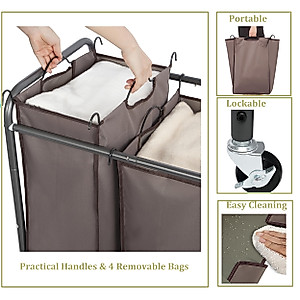 STORAGEIDEAS Laundry Sorter 4 Section, 4-Bag Heavy Duty Rolling Laundry Hamper Cart, Laundry Basket Organizer With Wheels and Removable Bags, Laundry Room Organization For Dirty Clothes Storage, BWN