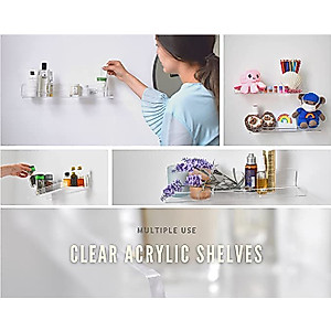 Dino74 Thick Clear Acrylic Floating Shelves – Set of 4 Invisible Spice Lip Shelf, Wall Mounted Bathroom Storage, Nursery Kids Bookshelf, Toys Display, Room Décor for Living Room, Bedroom
