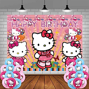 Hello Cute Kitty Birthday Party Banner Decoration, Kawaii Kitty Happy Birthday Party Backdrop 5 x 3Ft Photograpy Background and 24Pcs Kitty Balloons for Kids Girls Boys Birthday Party Supplies