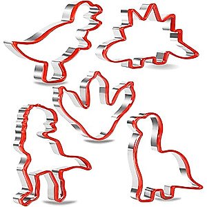 KAISHANE Dinosaur Cookie Cutters Set, 5 PCS Dinosaur Biscut Cutters Set Stainless Steel with Soft PVC Edge for Baking Fondant Cake Molds