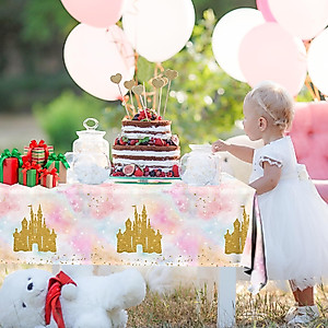Juweked 3Pcs Princess Castle Tablecloth Rectangle Princess Table Cloth Pink Tablecloth Plastic Princess Table Decorations Pastel Table Cover Gold and Pink Princess Party Decor, 70.8" x 42.5"