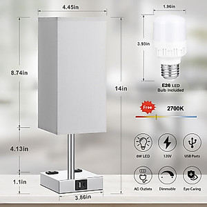 aooshine Bedside Lamp with USB Port - Touch Control Table Lamp for Bedroom with USB C+A Charging Ports & AC Outlets, 3-Way Dimmable Nightstand Lamp for Living Room Office(LED Bulb Included)
