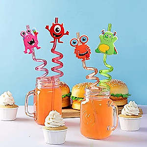 AFZMON 24 PCS Monster Drinking Straws Reusable Plastic Beverages Cocktail Straw with Cartoon Decoration for Kids Monster Party Supplies for Birthday Party Favors