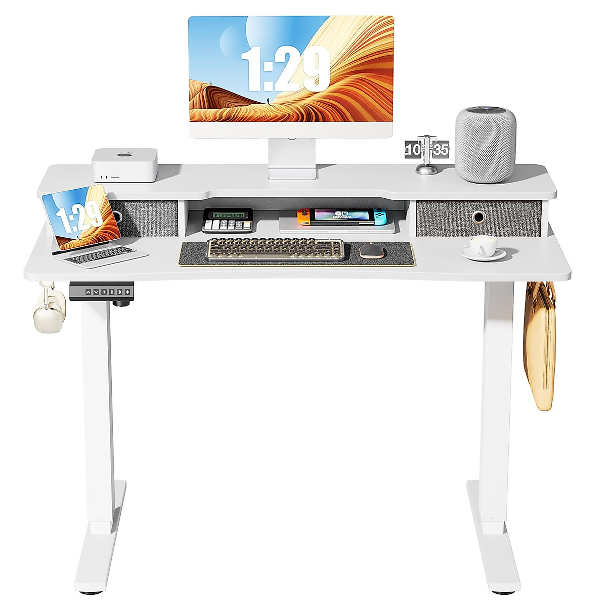 Height Adjustable Electric Standing Desk with Storage Shelf Double Drawer, 48 x 24 Inch Stand up Desk, Sit Stand Desk with Splice Board, Standing Table White Frame/White Desktop for Home Office