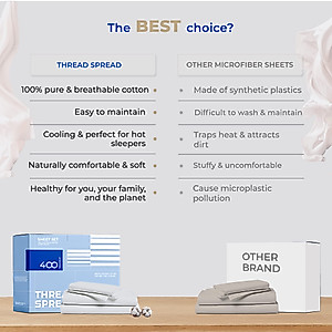 THREAD SPREAD 100% Egyptian Cotton Sheets for Queen Size Bed - 400 Thread Sateen Weave 4 PC Queen Silver Cotton Sheets, Deep Pocket Queen Sheet, Extra Soft Cooling Sheets Queen Size for Hot Sleepers