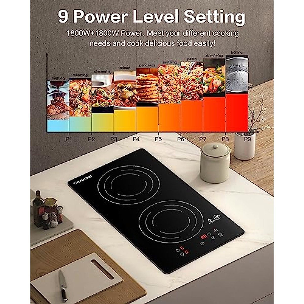 AMZCHEF Electric Induction Cooktop 2 Burners,12" Electric Stove Top with Plug 1800W, 120V, 9 Power Levels, Child lock, Timer, Touch Control, Induction Stove for Fast Cooking, Bulit-in&Countertop