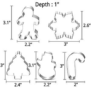 Christmas Cookie Cutter Set - 5 Piece Holiday Cookies Molds - Snowman, Christmas Tree, Gingerbread Man, Candy Cane, Snowflake