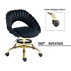 Ufurpie Cute Velvet Desk Chair for Home Office,Modern Vanity Chair,Height Adjustable Swivel Rolling Comfy Chair Computer Chair with Gold Legs for Living Room Bedroom,Black