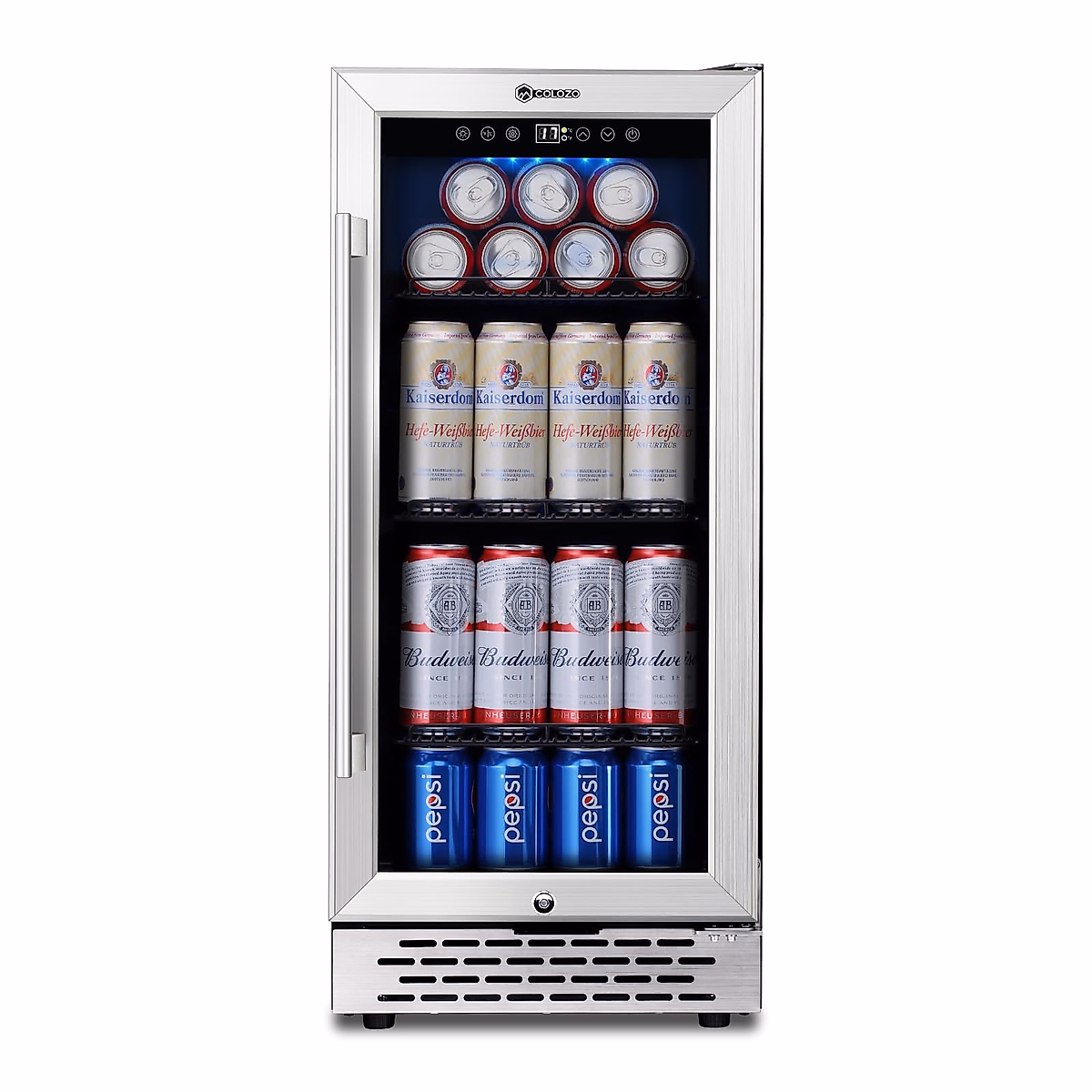 15 Inch Beverage Refrigerator Under Counter, Small Beverage Fridge with Glass Stainless Steel Door&Lock,130 Cans Beverage Cooler For Home, Built-in/Freestanding Mini Fridge for Beer Soda Wine Water