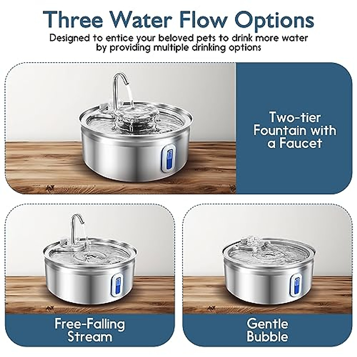 Vekonn Cat Water Fountain Stainless Steel, 0.8gal/108oz Pet Water Fountain with Water Level Indicator and Two-Tier Design, Cat Fountain with Quiet Pump and 3 Filters Ideal for Cats and Dogs