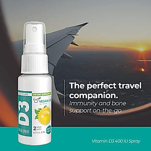Vegan Life Nutrition - Vitamin D3 Spray for Adults (400 IU) - 50% RDV - Orange-Flavored, Gluten-Free, Non-GMO, Supports Bone Health and Immune System - 0.65 Fl Ounce