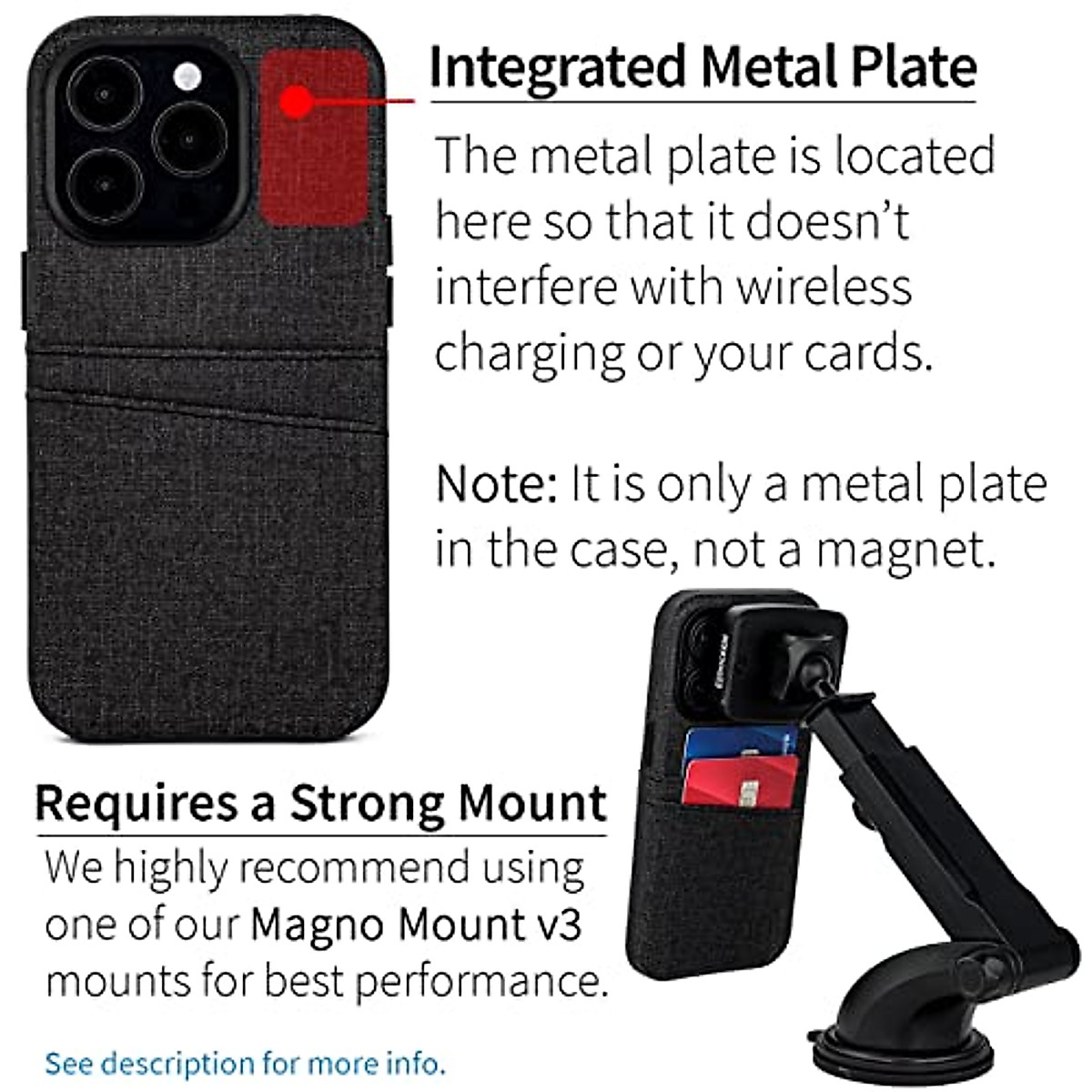 Dockem Card Case for iPhone 14 Pro with Built-in Metal Plate for Magnetic Mounting & 2 Card Holder Pockets: Luxe M2 Wallet, Canvas Style Synthetic Leather (iPhone 14 Pro, Black)