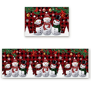 Christmas Kitchen Mats 2 Piece, Xmas Snowman Winter Holiday Doormats, Snowflake Kitchen Rugs Set Black Red Buffalo Plaid Christmas Decorations Floor Mat for Indoor Use,15.7" x 23.6"+15.7" x 47.2"