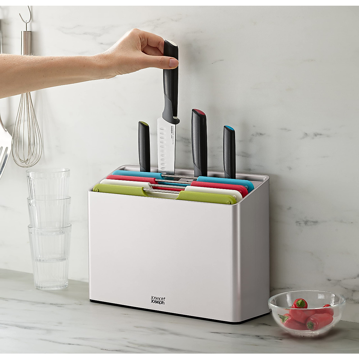 Joseph Joseph Folio Plus, 8-Piece Colour Coded Knife & Chopping Board Set - Multicolour