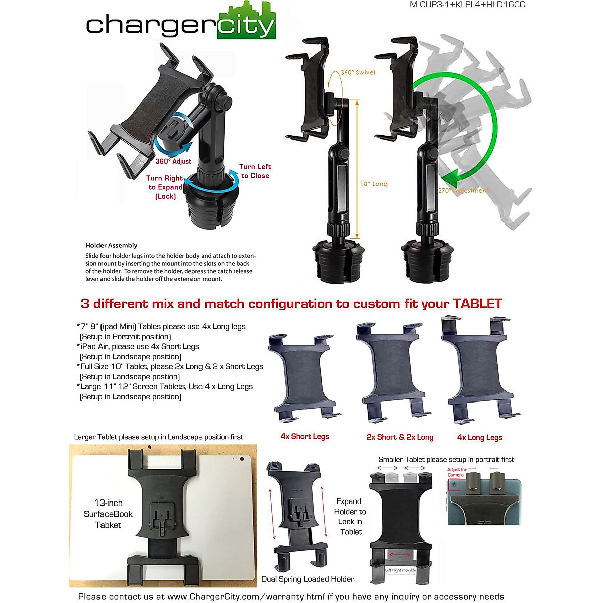 ChargerCity Xtreme Tablet Drinks Beverage Cup Holder Mount w/10inch Long Arm & 360º Swivel Adjust for All 7"-12" Screen Tablet Like iPad PRO Air Mini Galaxy Tab Surface Pro/Book