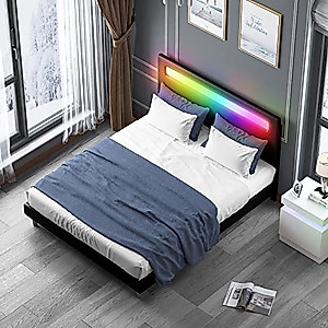 Mjkone Queen Size Bed Frame, LED Bed Frame with Smart RGB LED Light Bar, Works with Alexa or Apps, Platform Bed with Adjustable Lighting, Upholstered Bed Frames with Headboard, No Mattress, Black