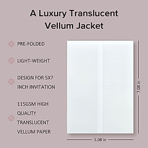 Puremigo 100 Pack Pre-Folded Vellum Jackets for 5x7 Invitations - Vellum Paper 5x7 Jackets - 115GSM Vellum Wedding Invitations Wraps - Transparent Wedding Invitations Jacket