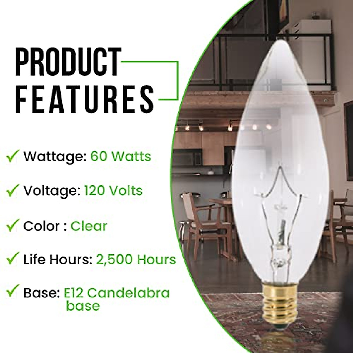 BULBMASTER 15 Watts Blunt Tip Decorative Light Bulbs Chandelier Light Bulb Candelabra Base Torpedo Clear Straight Dimmable Incandescent Light Bulbs, E12 Base Lamps Pack of 12