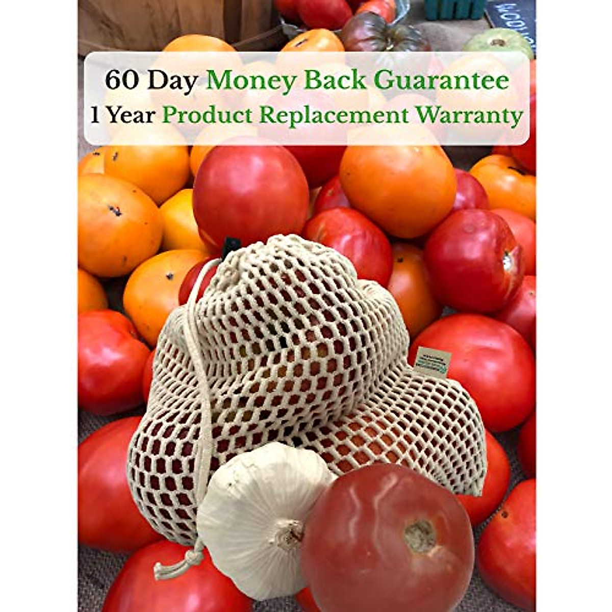 ZERO WASTE ORGANIC COTTON MESH REUSABLE PRODUCE BAG SET | Premium Washable Bags for Fresh Fruits & Vegetables | Compostable, Biodegradable | Sustainable Alternative to Plastic Bags | 4 Sizes | 7 Bags