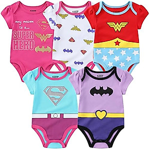 WARNER BROS DC Comics Girls Short Sleeve Bodysuit 5 Pack for Newborn and Infant