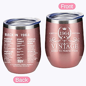 60th Birthday Gifts for Women Friends, 12 Oz Insulated Stainless Steel Wine Tumbler with Lid, Double Side Printed Birthday Thermos cup, Back in 1964 Old Time Information, Best Birthday Gifts