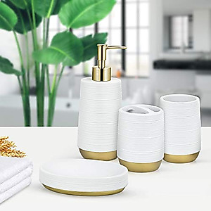 TONIAL Bathroom Accessories Gift Set, Bathroom Decor Set 4 Piece White-Queen Gold with Soap/Lotion Dispenser, Toothbrush Holder, Soap Dish, Tumbler