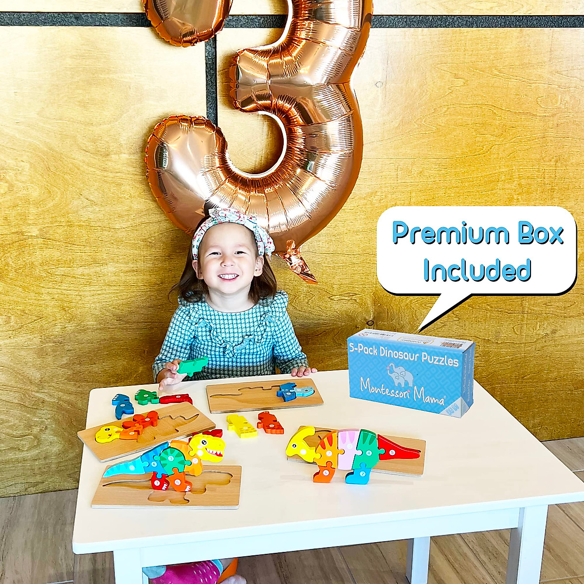 MONTESSORI MAMA Toddler Puzzles for Kids Ages 3-5 Dinosaur Puzzle 5-Pack, Montessori Toys for 3 Year Olds, Toddler Toys Age 2-4 Gifts for 3 Year Old Boys Girls, Wooden Puzzles for Toddlers