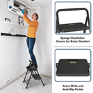 BONTEC 2-Step Ladder, Folding Step Stools for Adults with Wide Anti-Slip Pedals, Max Load Capacity 600lbs Sturdy Steel Ladder, Lightweight, Convenient Handle, Portable Steel Step Stool, Black