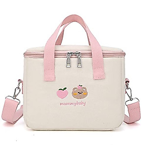 LaurelTree Aesthetic Kawaii Cute Lunch Bag Box with Straps Insulated Waterproof Durable for Women Girls Kids Office School (Pink)