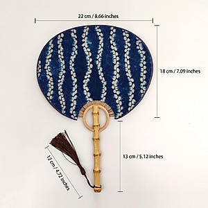 Handmade Bamboo Paddle Fan, Natural Tie-dye Cotton Hand Held Fan, Chinese Ancient Round Fans for Women