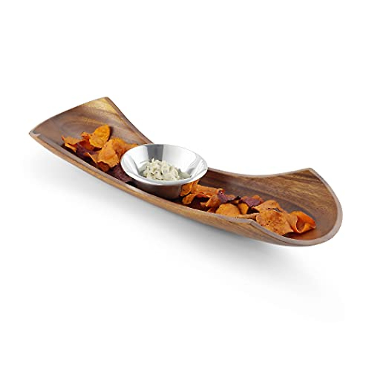 Nambe - Serveware Collection - Canu Chip N Dip Server with Dip Bowl - Measures at 22" x 5.5" - Made with Acacia Wood and Nambe Alloy - Designed by Scott Henderson