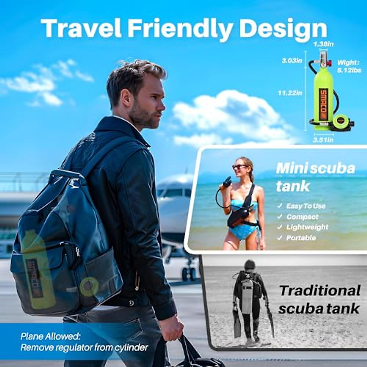 SMACO Scuba Tank Diving Gear for Diver 1L Mini Scuba Tank Small Diving Oxygen Cylinder up to 20 Minutes Dive Time Portable Diving Tank Kit for Underwater Exploration Emergency Rescue Pony Bottle S400