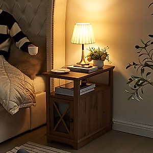 NBBOTBOT End Table with Charging Station, Side Table with USB Ports and Outlets, Nightstand with Adjustable Shelves, Narrow Side Table with Storage Cabinet for Living Room, Bedroom, Brown